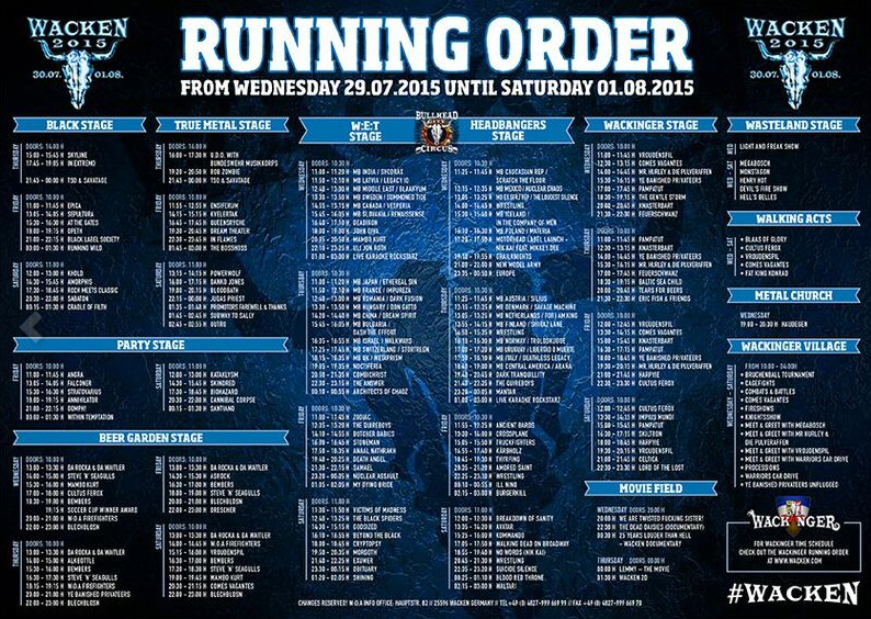 Wacken Open Air 2015: Printable Running Order, Running Order Tool And ...